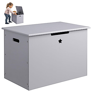 Navaris Wooden Toy Box with Child's Bench Lid - Wood Storage Chest for Children's Toys and Kid's Seat with Star Design - Grey