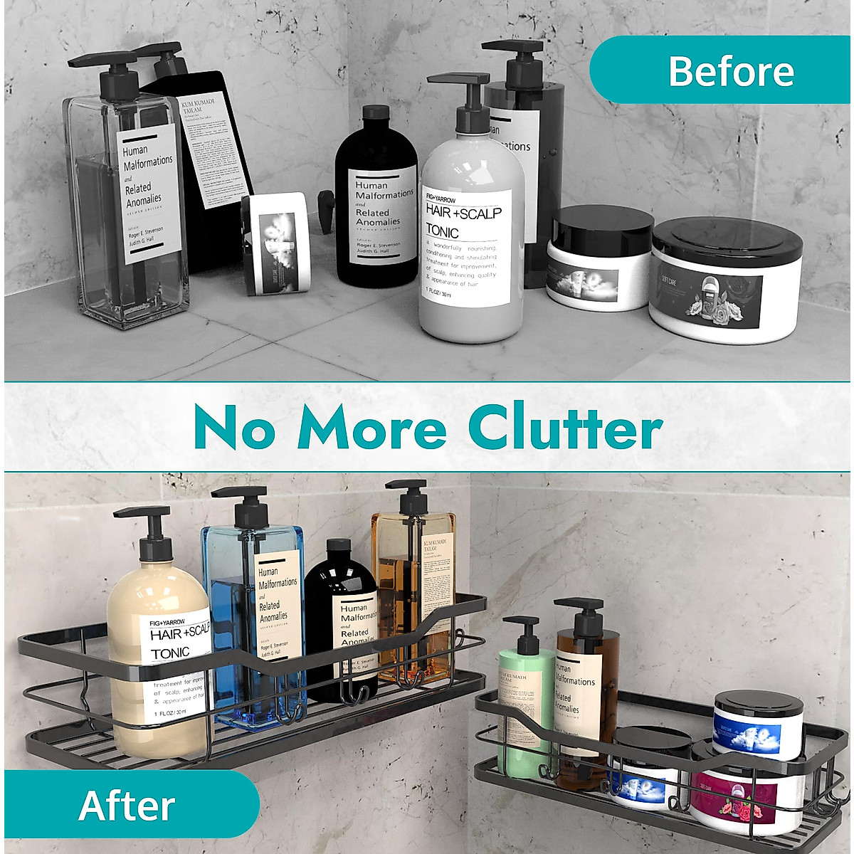 BIG TOMATO Shower Caddy, 5Pcs Self Adhesive, Rustproof Black Bathroom Shower Organizer w/ 8 Hooks, Soap Bar Holder & Toothbrush Holder, Drill-Free Shower Racks Organization & Kitchen Storage