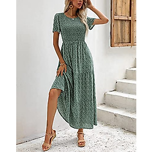 Zattcas Womens 2023 Spring Summer Smocked Tiered Boho Floral Long Maxi Dresses Casual Short Sleeve Modest Flowy Church Maternity Wedding Guest Dress Green XL