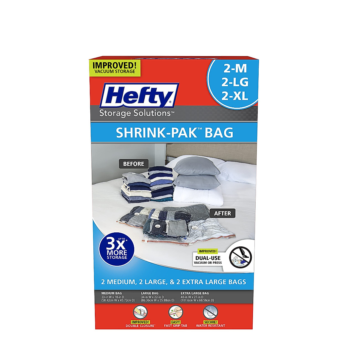 Hefty Shrink-Pak - 2 Medium, 2 Large, 2 XL Vacuum Seal Storage Bags – Space Saver Bags for Clothing, Pillows, Towels, or Blankets, 6 Pc Set