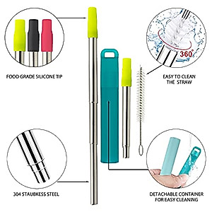 Metal Reusable Straws, 3 Pack Collapsible Portable Stainless Steel Straws, with Plastic Housing Silicone Tips and Cleaning Brush, Retractable Portable Pocket Drinking Straws