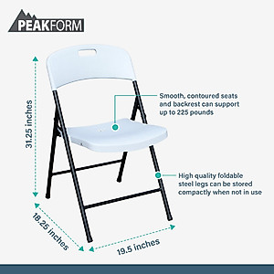 Peakform Fully Assembled Durable Ergonomic Lightweight Plastic Foldable Chair with Metal Frame for Indoor or Outdoor Use, 4 Pack, White