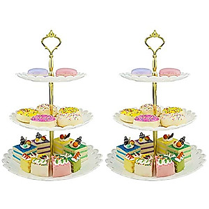 3-Tier White Gold Plastic Dessert Stand Pastry Stand Cake Stand Cupcake Stand Holder Serving Platter for Party Wedding Home Decor-Large-Set of 2