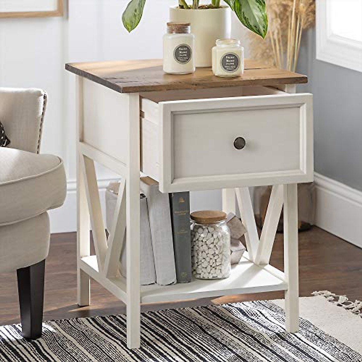 Walker Edison Natalee Modern Farmhouse 1 Drawer Wood Square Side Table Living Room Small End Accent Table, 19 Inch, Rustic Oak and White