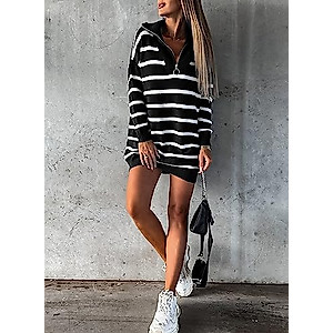 Sidefeel Women's Casual Striped Sweater Dress Fall Winter 2023 Half Zip V Neck Knitted Loose Mini Dress Long Sleeve Pullover Jumper Sweaters Black Large