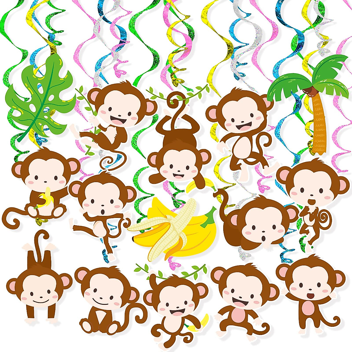 Little Monkey Hanging Swirl Banner Decor 30 Pack Green Jungle Forest Animal Foil Ceiling Streams Garland Banner Cutouts for Kids Zoo Wile One Life Baby Shower Birthday Party Supplies Room Wall Decor