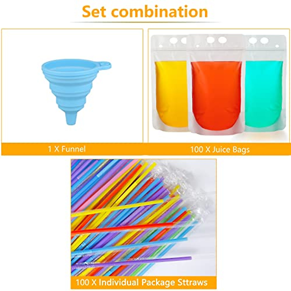 100 Pcs Zipper Plastic Pouches Drink Bags,Heavy Duty Hand-Held Translucent frosted Reclosable Stand-up Bag 2.4" Bottom Gusset with 100pcs Straws & Funnel Included