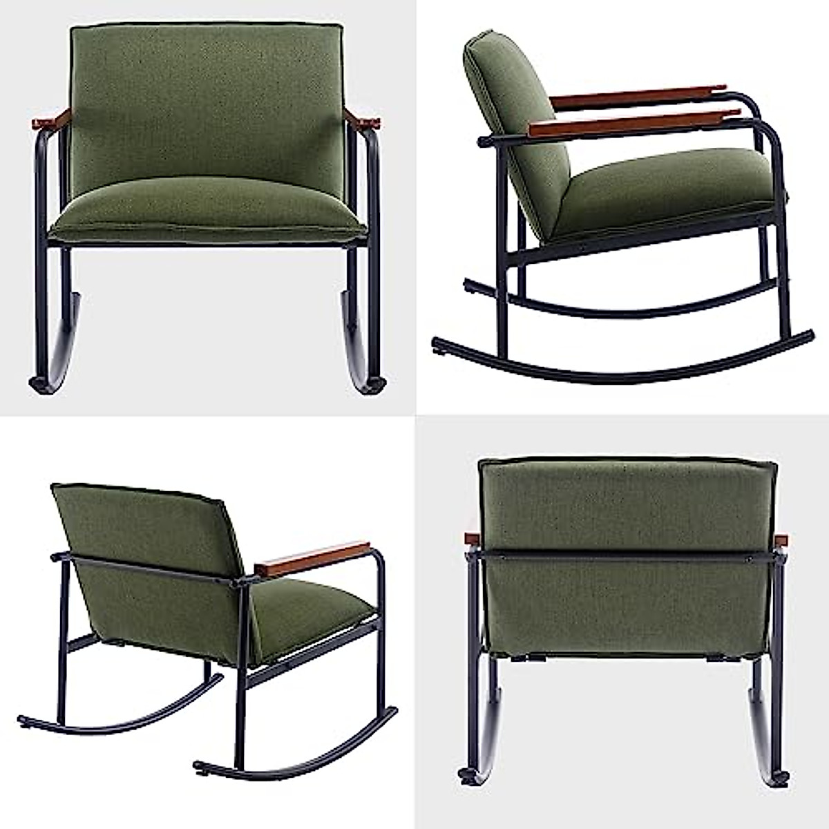 DUOMAY Modern Accent Rocking Chair Set of 2, Mid Century Upholstered Glider Rocker Armchair with Metal Base Linen Fabric Nursery Glider Chair with Wooden Grips for Living Room Bedroom, Green