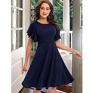 Gardenwed Navy Blue Women's Cocktail Dress Ruffle Short Sleeve A Line Swing Fit and Flare Midi Party Fall Dresses Navy M