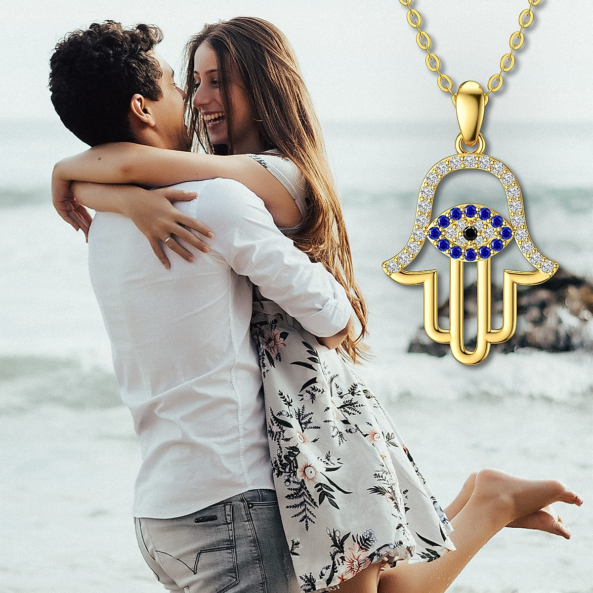 Hamsa Hand Pendant Necklace for Women, Real 14K Gold Evil Eye Pendant with Shiny Sapphire Lucky Protection Jewelry for Her, Wife, Mom, Girlfriend, 18"
