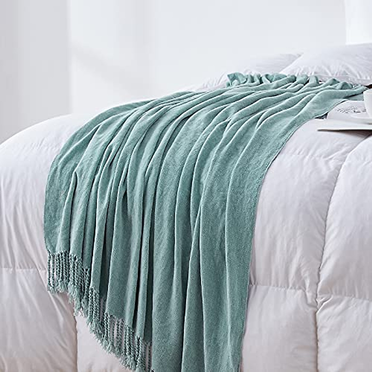 BOURINA Chenille Throw Blanket with Decorative Fringe for Couch Sofa Chair Blanket (50×60 Inches) Aqua