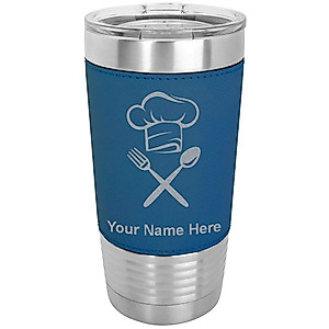 LaserGram 20oz Vacuum Insulated Tumbler Mug, Chef Hat, Personalized Engraving Included (Faux Leather, Blue)