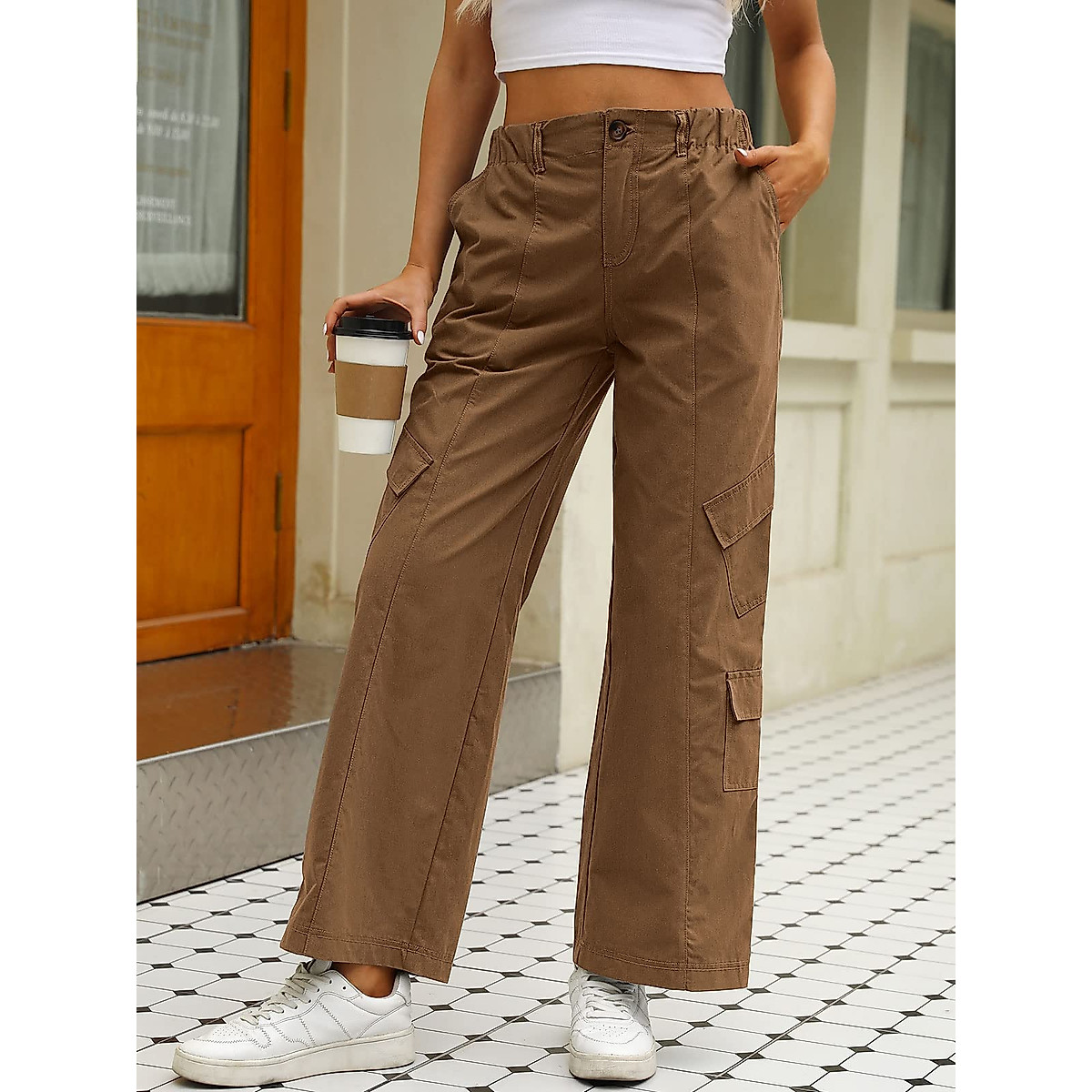 AUTOMET Women Casual Pants Baggy Cargo Pants Low Waist Jeans y2k Parachute Pants 90s Aesthetic Clothes Wide Leg Trousers Gothic Utility Track Pants Brown
