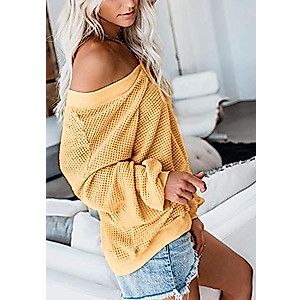 FEIYOUNG Women's Henley Sweater Shirts Slash V Neck Long Sleeve Loose Fit Pullover Tops Knit Tees (XX-Large, Yellow)