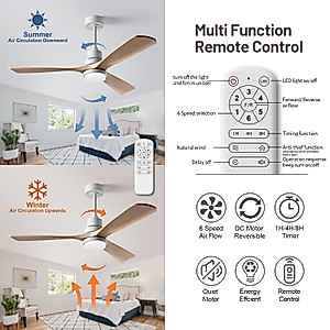 FXZZ 52 Inch Ceiling Fans with Lights and Remote, Quiet Reversible DC Motor and 3 Color LED Light, 3 Blades 6 Speed Wood Ceiling Fan for Farmhouse Living Room Bedroom Dining Room Workroom Study