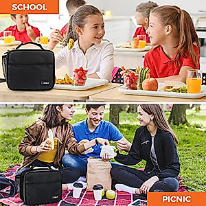 OPUX Insulated Lunch Bag, Soft Lunch Box for School Kids Boys Girls, Leakproof Small Lunch Pail for Adult Men Women, Reusable Compact Lunchbox Lunch Cooler Tote Bag for Office Work (Black)