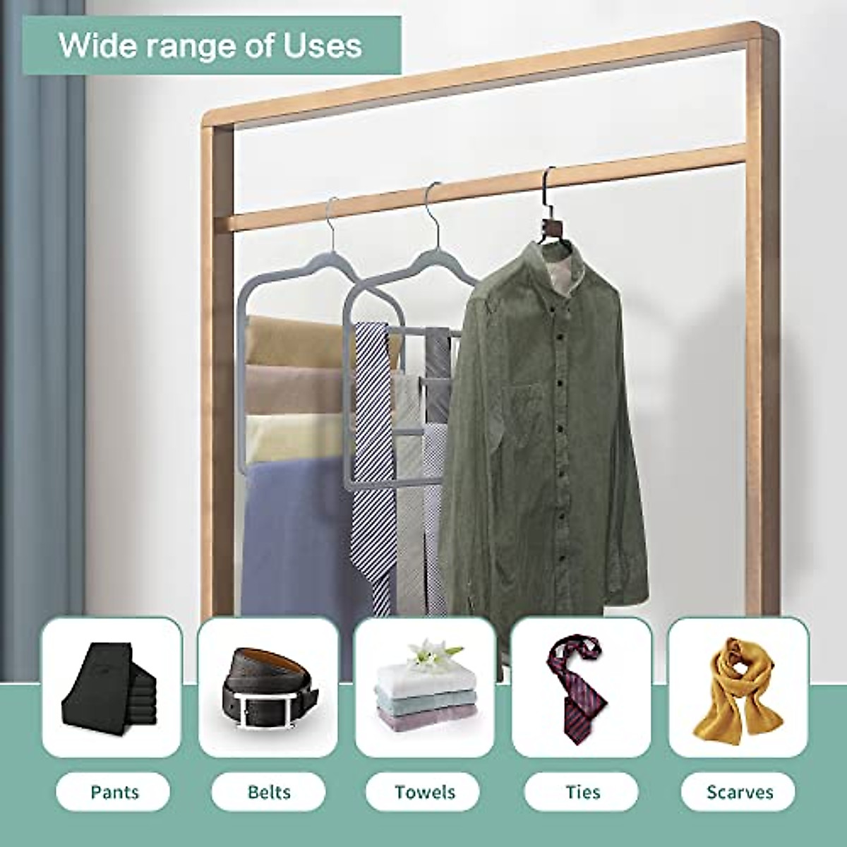 Velvet Hangers Pants Hangers Space Saving Hangers for Pants Non-Slip Multiple Closet Hanger Organizer for Trousers Tie Scarf Grey Pack of 4