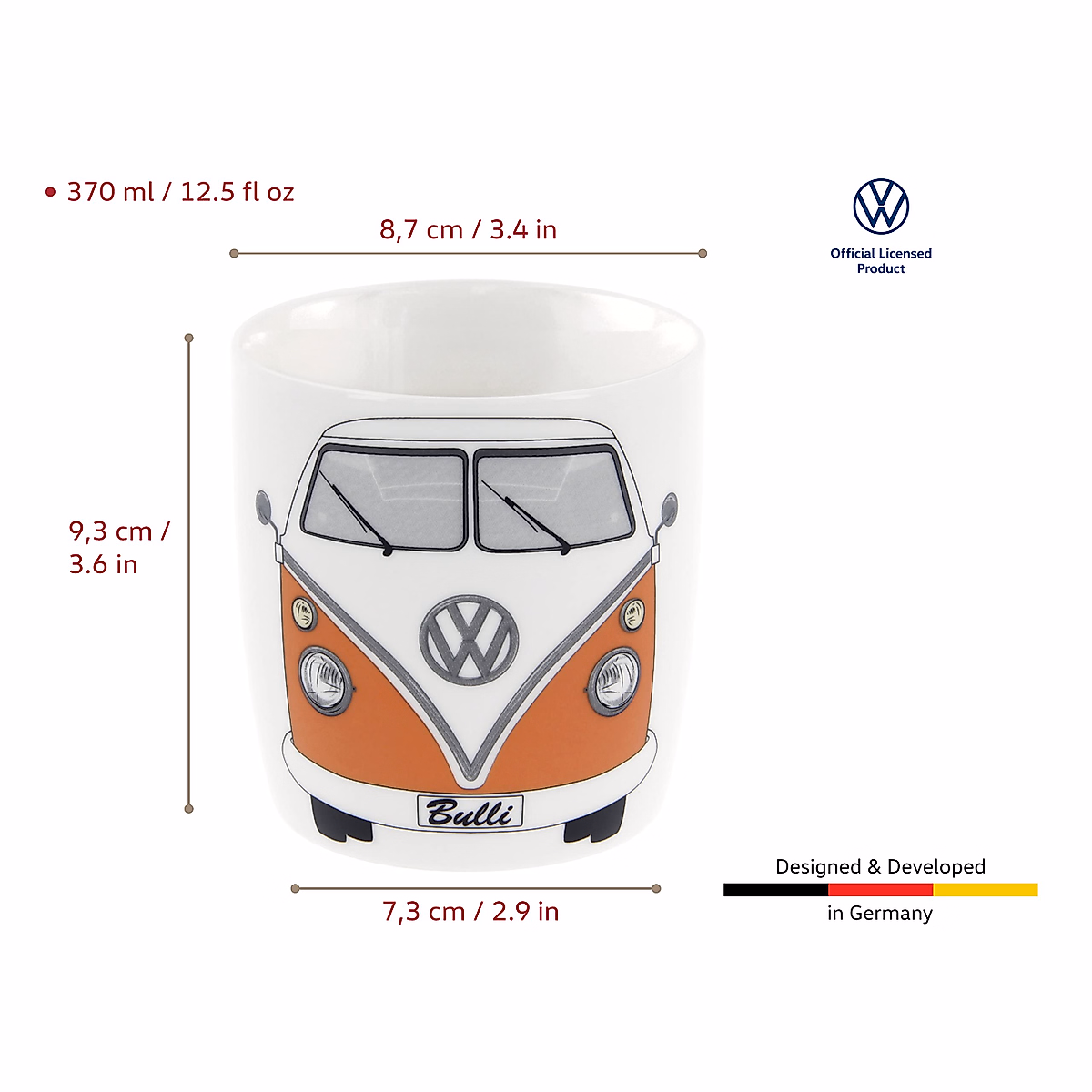 BRISA VW Collection - Volkswagen Large Ceramic Coffee-Tea-Cappuccino Mug Cup in T1 Bus Design (370 ml/12.5 fl oz/Bus Front) (Orange)