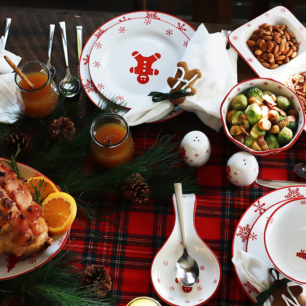 Euro Ceramica Winterfest Collection 12 Piece Dinnerware Set | Festive Ceramic Stoneware Dinnerware Set | Service for 4 | Hand-Stamped Holiday Design, Red & White Christmas Patterns,WFT-12000-DS