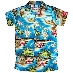 Cabana Set - Boy's Hibiscus Hawaiian Islands Aloha Infant Toddler Cotton Turquoise Shirt & Matching Shorts 2PC Set - 6 Months