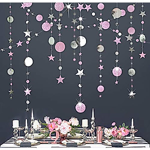 Glitter Pink Silver Circle Dot Garland Twinkle Little Star Decoration Polka Dots Streamer Backdrop Banner Girls Birthday Party Decor/Baby Shower/Wedding/Engagement/Anniversary/Sweet 16/Bridal Shower