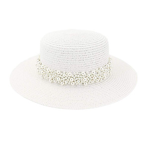 ADAHOP Women Travel Sun Hat Flat Outdoor Travel Straw Pearl Weaving Belt Hat Beach Top Hat Cap for Women White