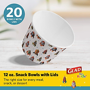 Glad for Kids Rocket Ship 12 Fl Oz Paper Snack Bowls with Lids, 20 Count | Disposable Snack Cups with Lids | Heavy Duty Disposable Soak Proof Microwavable Paper Bowls for Soup, Ice Cream