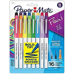 Paper Mate Flair Pens, Felt Tip Pens, Bold Tip (1.2 mm), Assorted Colors, 16 Count