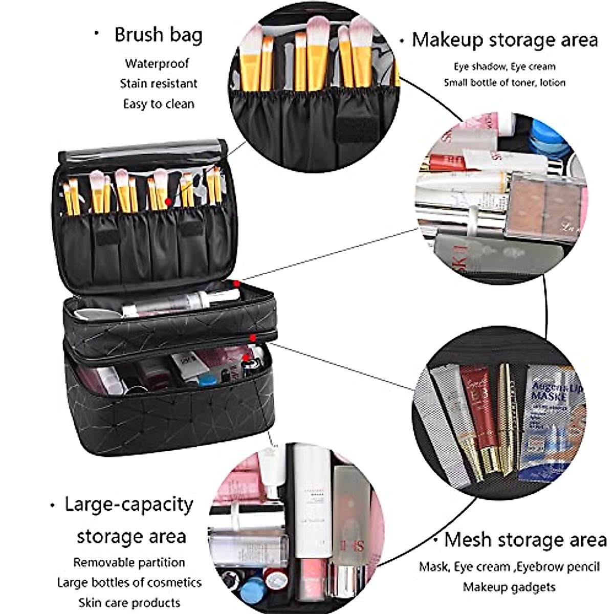 MKPCW makeup bag Large Double-layer cosmetic bag with brush bag and divider Makeup Case Organizer (Black)