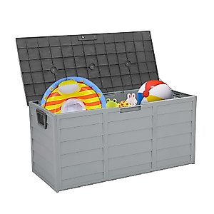 Kcelarec Plastic Deck Storage Container Box Outdoor Patio Furniture 75 Gal, Pools Yard Storage Tools w/Built-In Wheel (Grey)