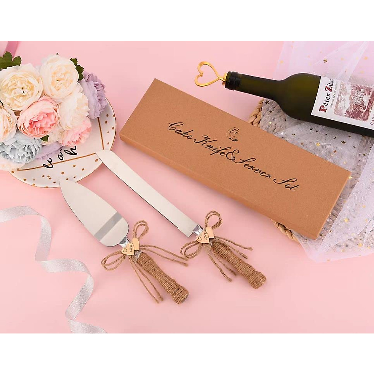 Rustic Wedding Cake Knife and Server Set-ULA Natural Burlap Twine Handle Wood Heart Cutlery for Wedding Gift,Cake Cutting Set for Wedding Rustic Wedding Decor (Burlap)