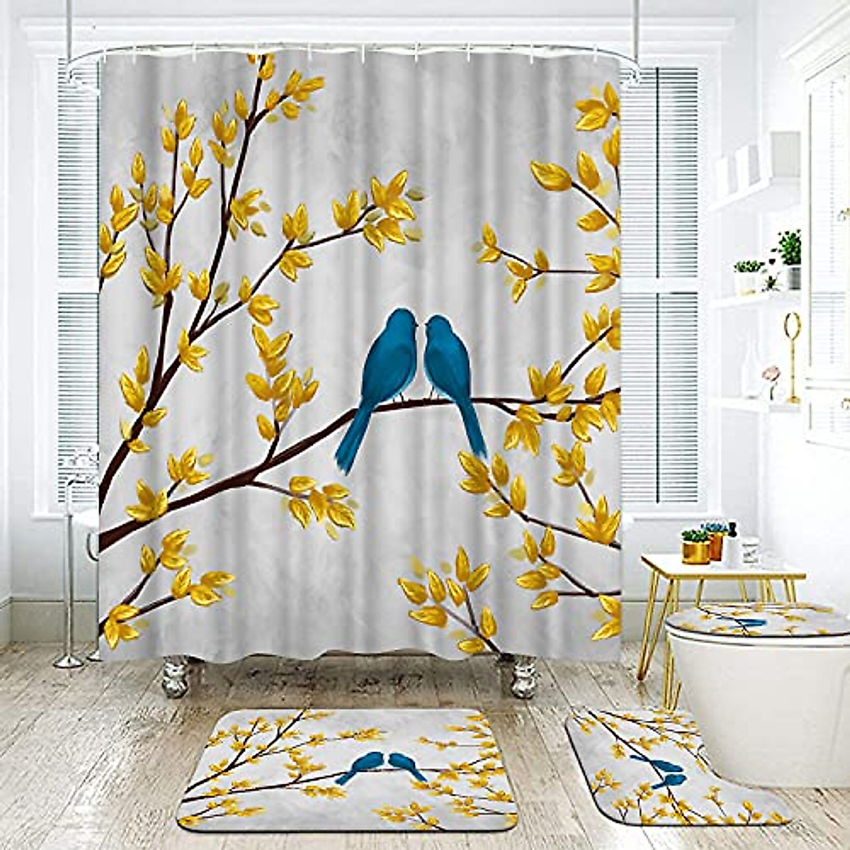 DuoBaorom 4 Pieces Set Tree Bird Shower Curtain Set Blue Love Birds on Yellow Tree Branch Picture Print on Non-Slip Rugs Toilet Lid Cover Bath Mat and Bathroom Curtain with 12 Hooks 72x72inch