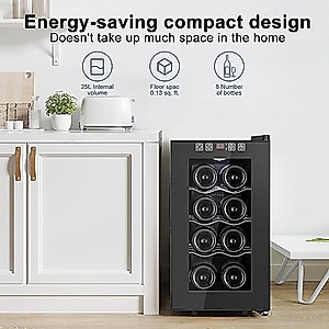 Mini Wine Fridge, 8-Bottle Small Wine Cooler, Wine Cooler Refrigerator With Removable Shelves Interior Lighting Digital Touch Control, And Private Reserve Wine Cellar For Home, Office, Bar