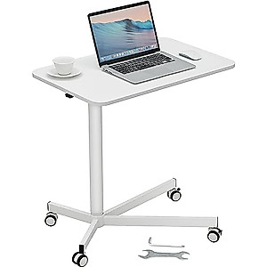 VEVOR 28.5"-44.2" Gas-Spring Height Adjustable Sit-Stand Desk 360° Swivel Wheels (2 Lockable) Portable Rolling Laptop Table Computer Cart for Home Office School, 44LBS Loading, 29.1 x 18.9 inch, White