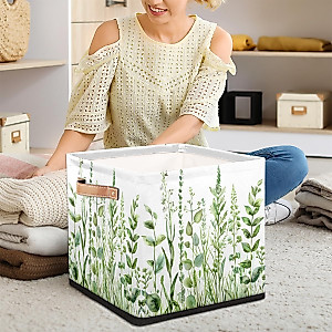 Tablerazzi Sage Green Leaves Cube Storage Bin, 13 Inch Collapsible Fabric Storage Cube Bin, Spring Eucalyptus Foldable Cube Baskets for Shelf, Closet, Organizer