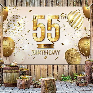 Happy 55th Birthday Backdrop Banner White Gold 55 Years Old Bday Background Decorations for Women Men Her Him Photography Party Supplies Glitter