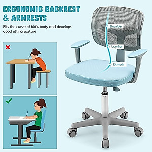 LDAILY Kids Desk Chair, Adjustable Height Computer Chair with Wheels, Armrest, Y-Shaped Lumbar Support, Soft Cushion, 360°Swivel Small Office Chair for Girls Boys Student Aged 4-12 (Blue)