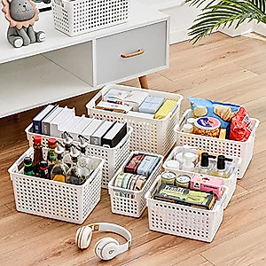 Whale Pocket 6 PCS Plastic Storage Basket, Slim White Organizer Tote Bin Shelf Baskets for Closet Organization, De-Clutter, Toys, Cleaning Products, Accessories 12.2x 8.6x 7in
