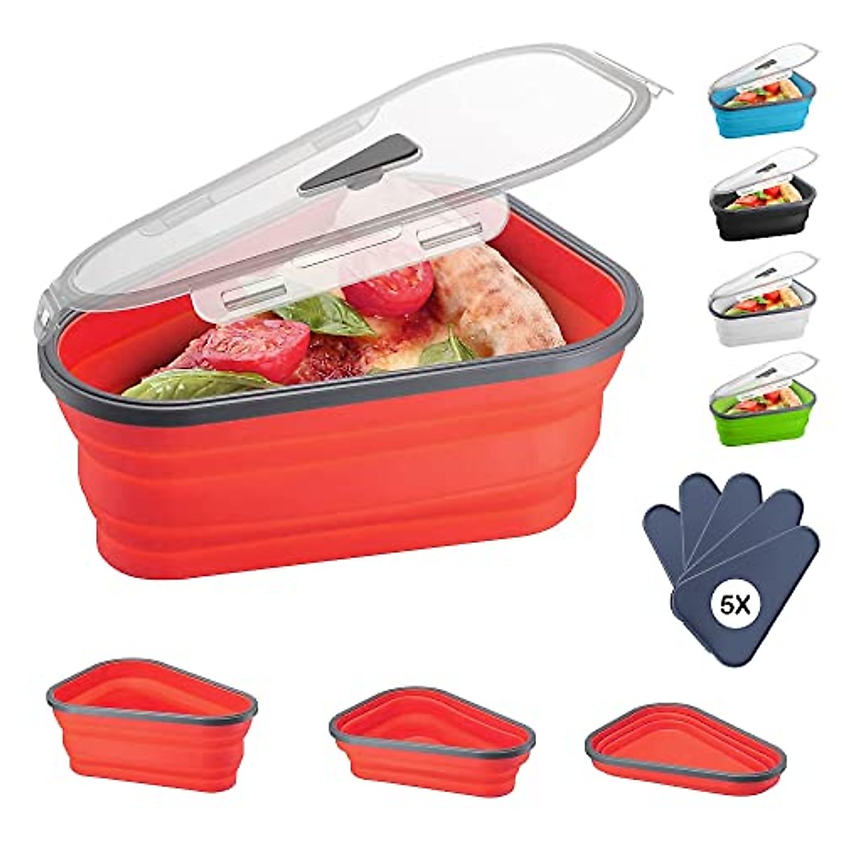 Pizza Storage Container with 5 Microwavable Serving Trays Reusable, Foldable Pizza Keeper Container Expandable, Dishwasher Safe and Reusable Pizza Saver Container by HCN7 (RED*)