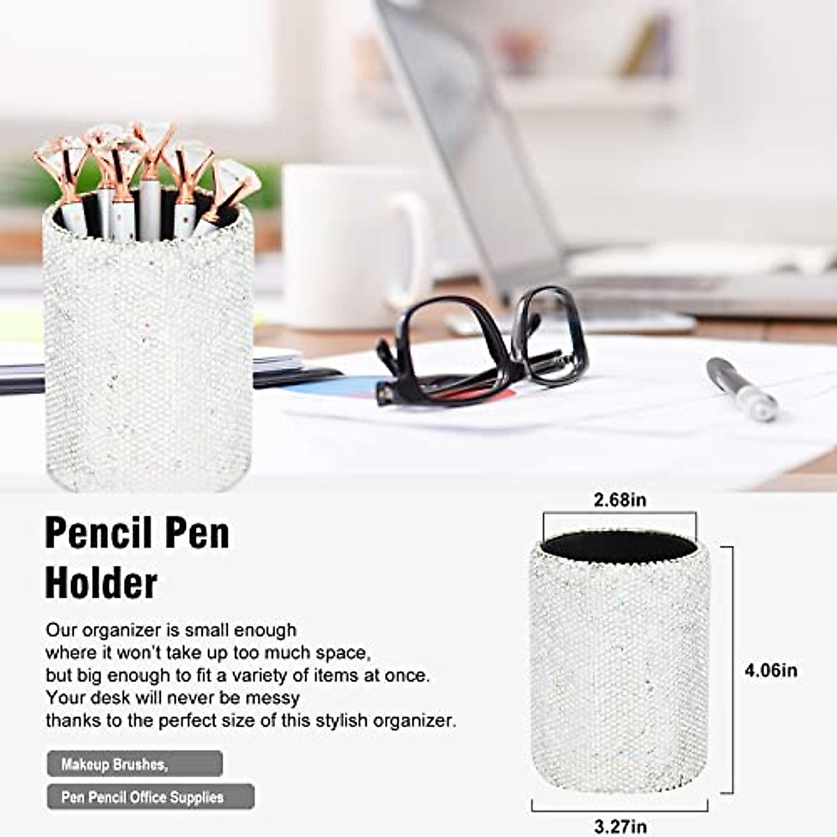 KEYPOWER Bling Crystal Luxury Handmade Diamond Pencil Pen Pot Holder & Stapler & Card Holder & Desktop Tape Dispenser Office Stationery Kit for Fashion Girls Women (White Round)