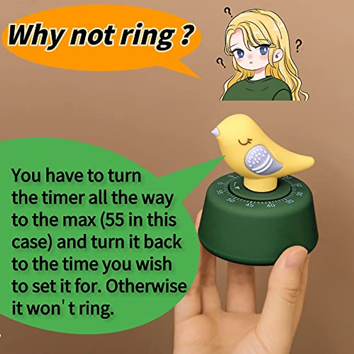 NUOSWEK Cute Bird Timer for Kids, Mechanical Kitchen Timer, Wind Up 60 Minutes Manual Countdown Timer for Classroom, Home, Study and Cooking (Yellow Bird)