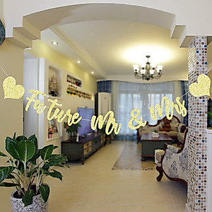 PALASASA Future Mr & Mrs Banner,Glitter Wedding Party Decor Props,Bridal Shower/Engagement/Bachelorette Party Decorations-Pre-Strung (Gold)