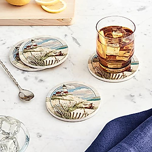 Thirstystone Ceramic Drink Coasters & Coaster Holder, Non-Slip Cork Backing, Drink Absorbent & Protects Table - Beach Lighthouse (Set of 4),Brown,VAG2