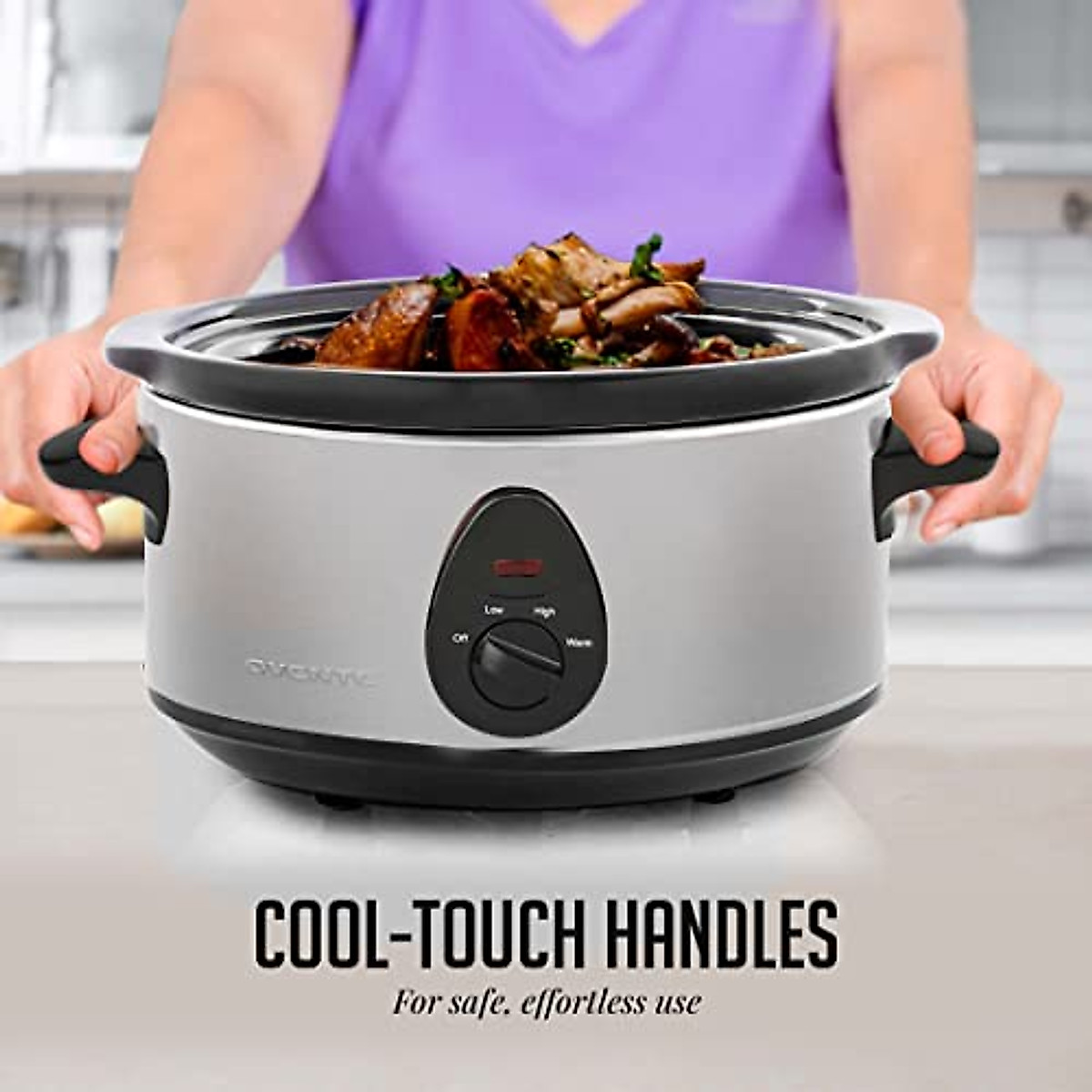 OVENTE 3.7 Qt Electric Slow Cooker with 3 Settings, Dishwasher-Safe Pot, Tempered Glass Lid - Portable Multicooker for Soups, Sauces, Stews & Dips