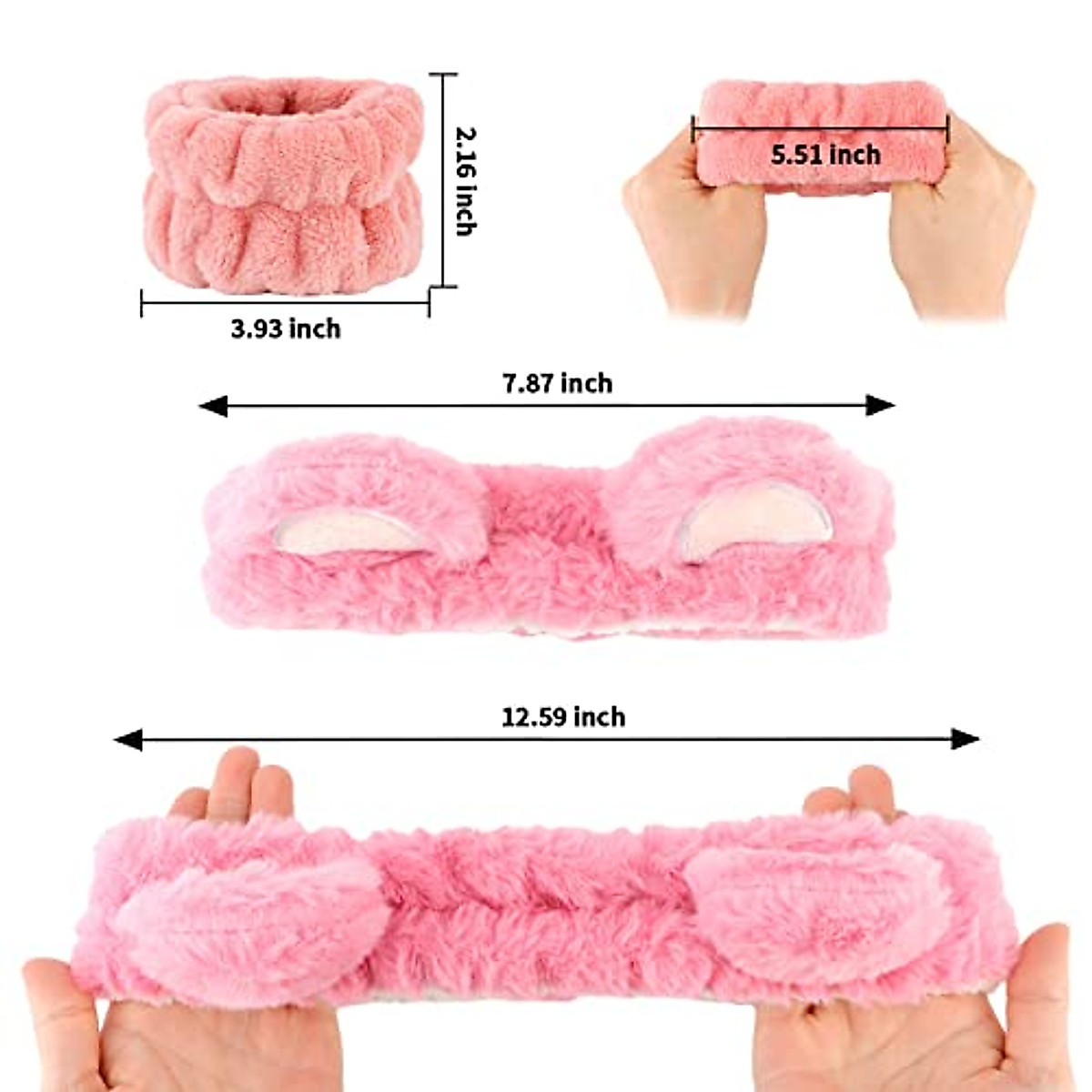 AMCAMI 6 Pcs Spa Headband Face Wash Headband and Wristband Set, Girls' Cute Bear Ears Headband Plush Animal Makeup Skincare Headbands with Face Washing Wristband for Women