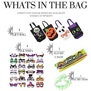 DESERT SUN SNACKS Halloween Drawstring Bag Candy and Snack Gift Bag (50ct) Already Filled Treats for Kids and Adults. Ghost, Pumpkin, Black Cat, Frankenstein Snack and Candy, Variety, Mixed Bulk Care