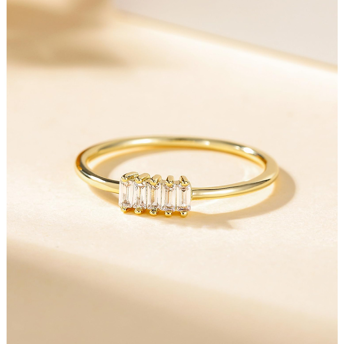 TIGRADE 1.5mm Eternity Ring 14k Gold Plated Stacking Ring Baguette Cubic Zirconia Petite Wedding Band for Women Size 3-12, Gold, Size 6