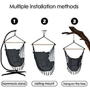 HFKJ Hammock Chair Hanging Rope Swing Chair with 2 Seat Cushions & Installation Kit, Max 330 Lbs, Handmade Macrame Hanging Chair for Bedroom Patio Yard Garden, Dark Grey