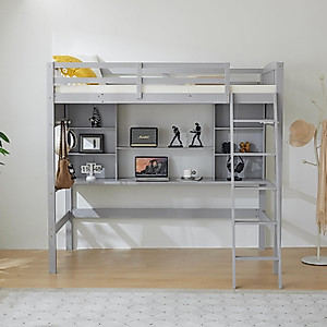 Karl home Loft Bed Twin Size, Wood Bed Frame with Safety Guardrails and Inclined Ladders, Bunk Bed with Desk and Shelves, Grey
