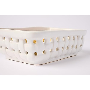 Mud Pie Ceramic Weave Serving Basket, White, basket 6" x 9" | towel 26" x 16 1/2"